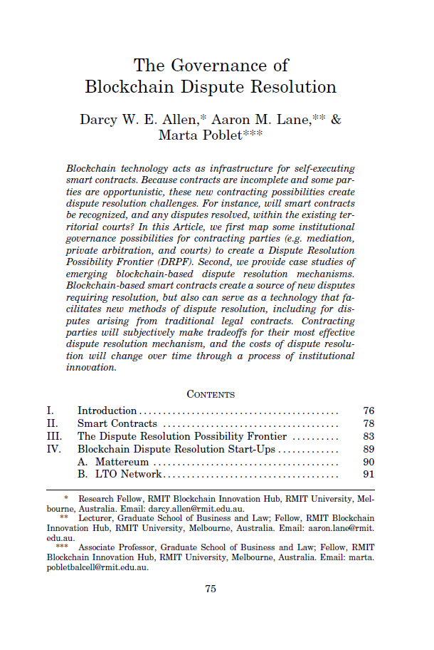 The Governance of Blockchain Dispute Resolution – Darcy Allen